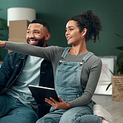 Moving, tablet and couple with interior design plan, pointing and ...