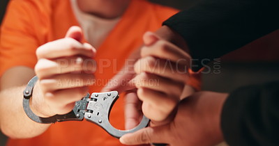 Crime, investigation and person with handcuffs in jail for legal arrest ...
