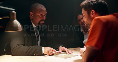 Interrogation, prisoner and detectives in jail with evidence of fraud ...