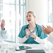 Applause, meeting and conference of doctors and nurses in celebration ...