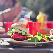 American flag, food and celebration of independence day outdoor with ...
