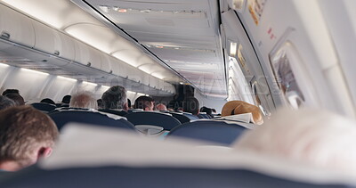 People, sitting and passengers with plane for flight with commercial ...