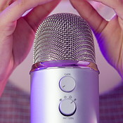 ASMR, microphone and girl hands in studio for scratch, social media or ...