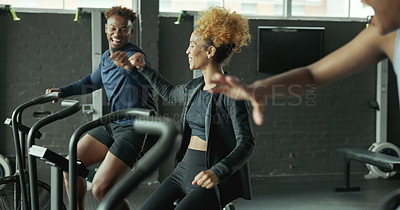 Fitness, people and fist bump for exercise bike challenge at gym with ...