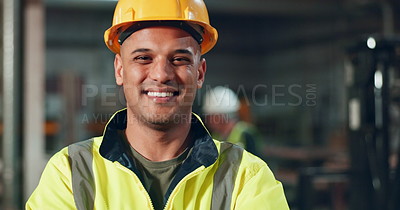 Proud, worker and helmet of man in construction, safety and industry of ...