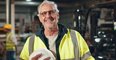 Helmet, worker and mature man in construction, safety and industry of ...