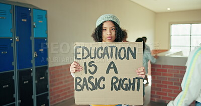 School, education and face of girl with placard, signboard and poster ...