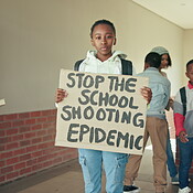Education, poster and student face for protest against violence, school ...