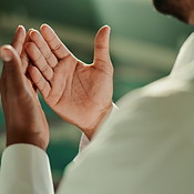 Islamic, man and open hands in Mosque for peace, gratitude or Palestine ...