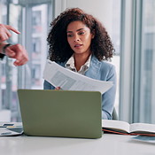 Business woman, multitasking and laptop for time management, mental ...