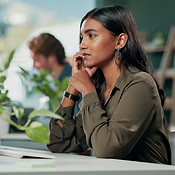 Computer, thinking and woman with headache, office and brainstorming of ...