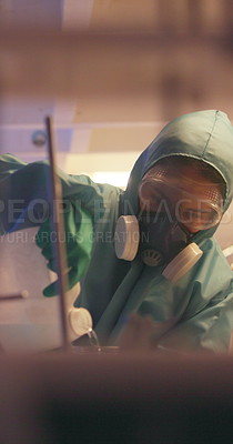 Drugs, liquid and person with chemicals in hazmat suit for cooking ...