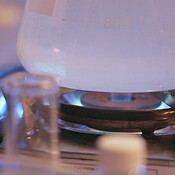 Chemistry, science and beaker boiling in lab for experiment on drugs ...