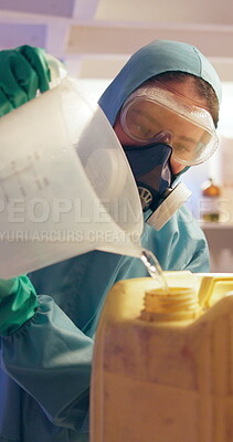 Drugs, gas mask and person with bowl for chemical, cooking meth and ...