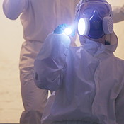 Investigation, team and people in ppe for hazard at drug lab for ...