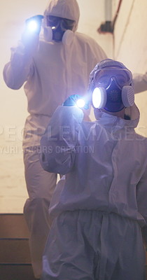 Investigation, team and people in ppe for hazard at drug lab for ...