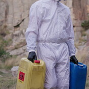 Drug, production and person with container in nature for chemical ...