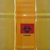 Science, bin and container in laboratory with danger sign for ...