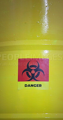Science, bin and container in laboratory with danger sign for ...