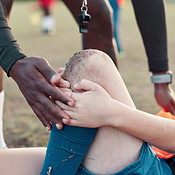 Soccer, player and knee pain for injury, accident and muscle tension ...