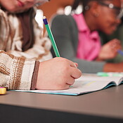 Pencil, notes and student for science experiment, writing and classroom ...