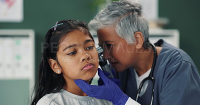 Nurse, patient and hands on neck to check for tonsils, thyroid disease ...