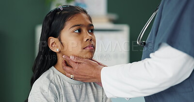 Nurse, patient and hands on neck to check for tonsils, thyroid disease ...