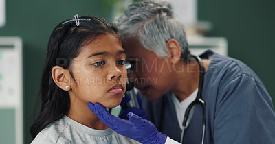 Nurse, patient and hands on neck to check for tonsils, thyroid disease ...