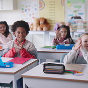 Children, education and classroom clapping for student presentation ...