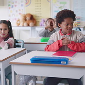 Children, applause and happy for presentation in classroom with oral ...