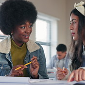 Girl students, conversation and studying together for education ...
