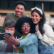 Happy, students and selfie outdoor in high school for peer connection, youth culture and bonding ...
