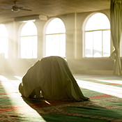 Islam, praying and woman in mosque for worship, spiritual inclusion or ...