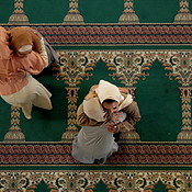 Muslim women, faith and hug in mosque with care, religion and ...