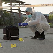 Road, crime scene and person with evidence for investigation ...