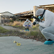 Forensic photographer, crime scene and person in nature for ...