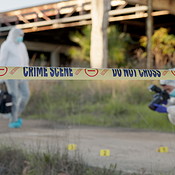 Forensic photographer, crime scene and person with tape for ...