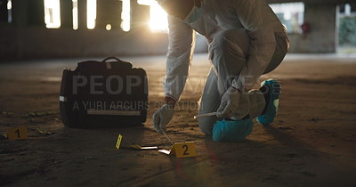 Road, crime scene and person with evidence at night for investigation ...