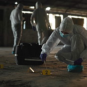 Swab, forensic and person with evidence in city for investigation ...