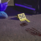 Road, crime scene and person with footprint for investigation ...