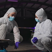 Forensic, crime scene and people with clipboard talking for ...