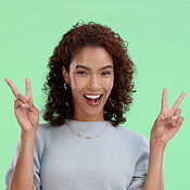Green screen, hands and face of woman with peace sign, emoji and ...