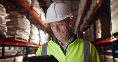 Inspection, man and tablet for logistics in warehouse with inventory ...