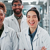 Portrait, smile and group of scientist in lab for medical research ...