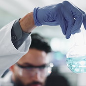 Man, beaker and chemical shake in laboratory, scientist and ...