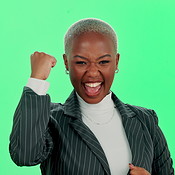 Black woman, face and green screen for winning celebration in studio ...