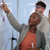 Business people, code and communication with whiteboard for planning ...