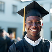 Happy black man, student and graduation with degree at university for ...