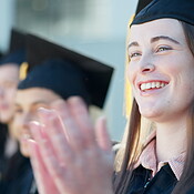 Happy, woman and applause for graduation celebration for education ...