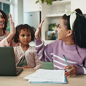 Mom, children and high five with laptop, homework and care for ...
